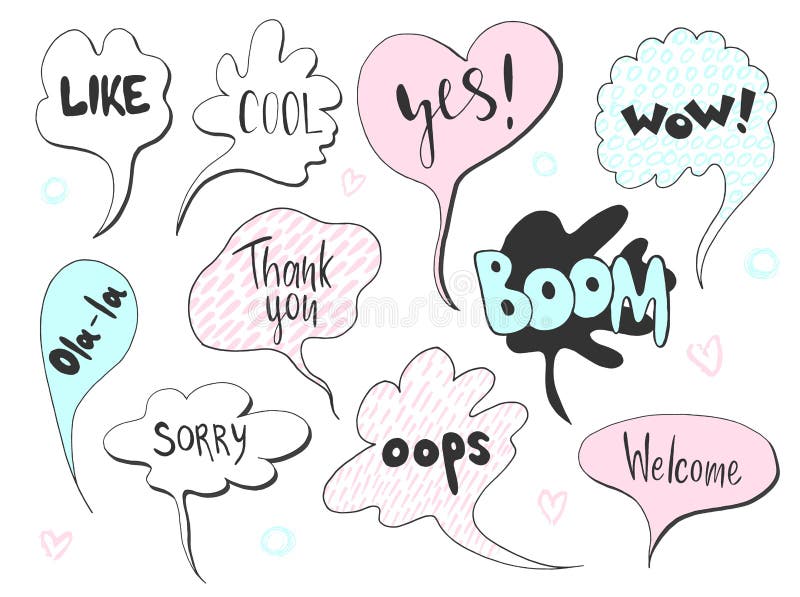 Set of Cute Speech Bubble with Text in Doodle Style. Stock Vector ...