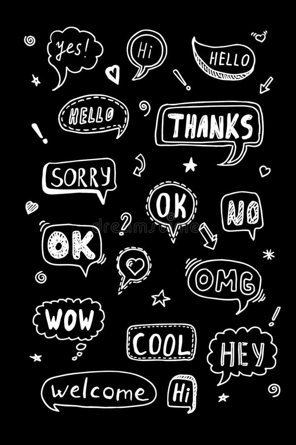 Set of Cute Speech Bubble with Text in Doodle Style Hello, Ok, Bye, Hi ...
