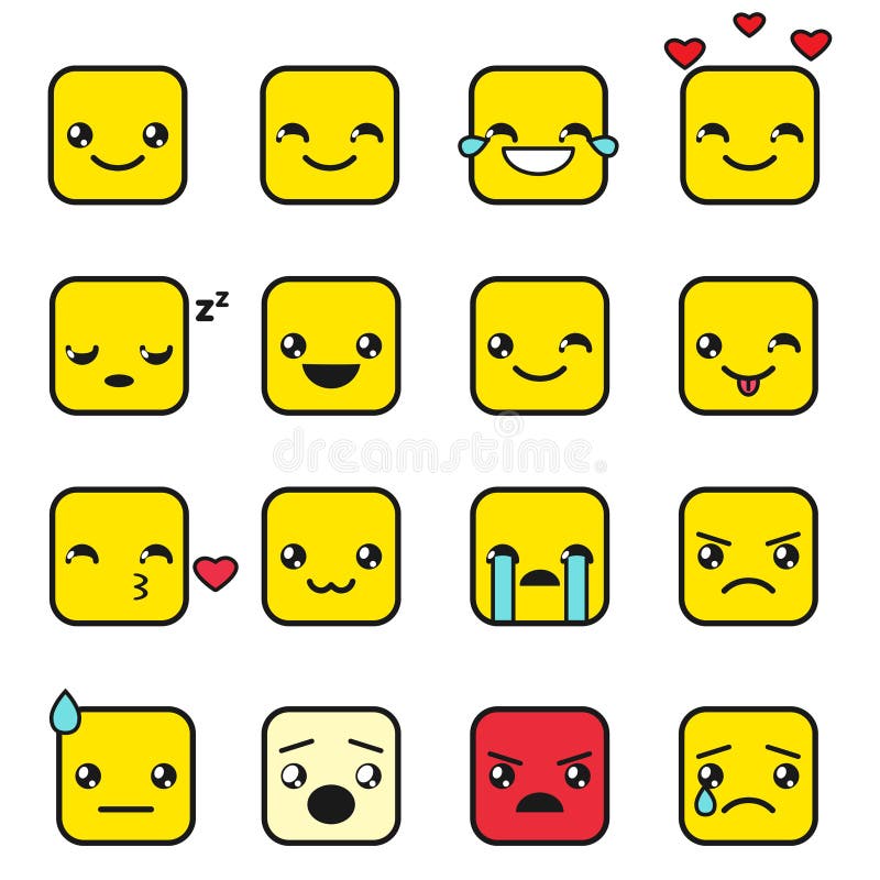 Set of Cute Square Kawaii Emojis Stock Vector - Illustration of emotion ...
