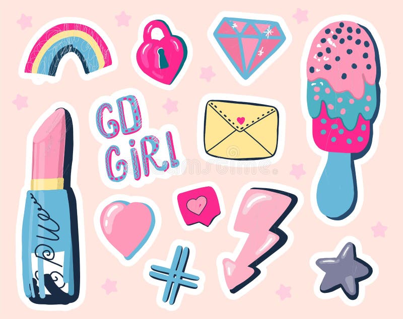 A Set of Cute Stickers for Girls. Stickers for Diary and Notebook Stock ...