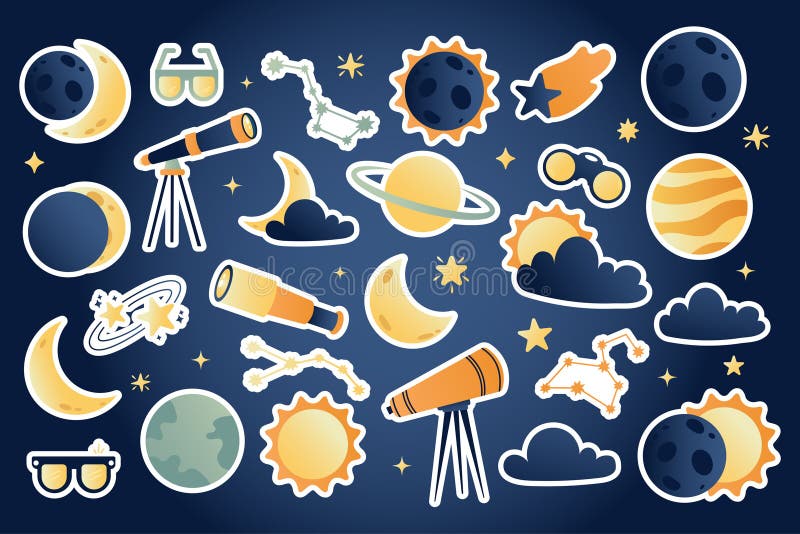 Set of Cute Stickers Solar Eclipse in Flat Cartoon Style Stock Vector ...