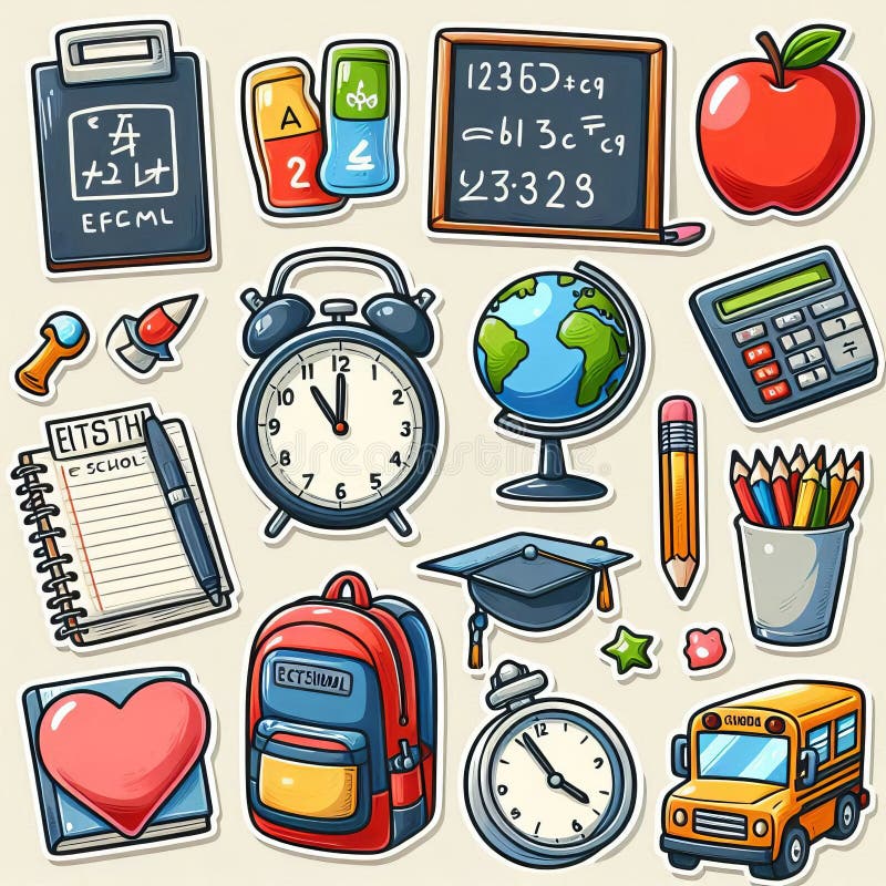 A Set of Cute Stickers on the Theme of School Stock Image - Image of ...