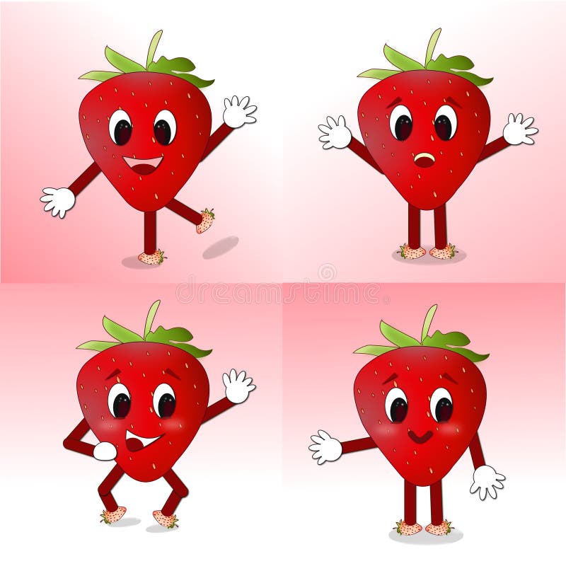 Set of Cute Strawberry Fruit Character in Different Action Emotion ...
