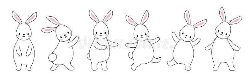 Set of Cute, Stylized Rabbits. Easter Bunnies in Different Poses Linear ...