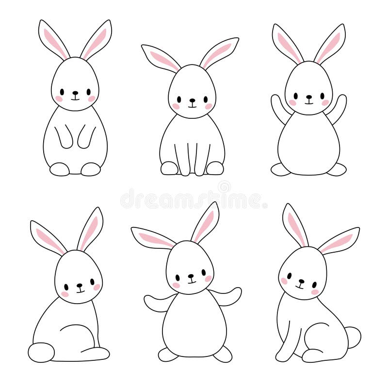 Set of Cute, Stylized Rabbits. Easter Bunnies in Different Poses Linear ...