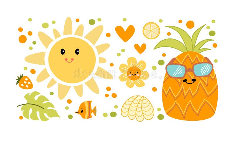Set of Cute Summer Characters Pineapple and Sun. Bright Summertime Set ...