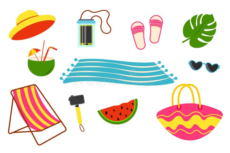 Set Cute Summer Holiday Beach Elements. Cartoon Vector Illustration ...