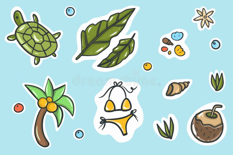 Set Cute Summer Holiday Beach Elements. Hello Summer Cartoon Vector ...