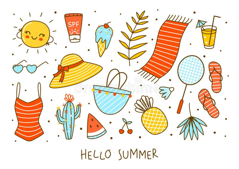 Set of Cute Summer Items Isolated on White - Cartoon Objects for Happy ...