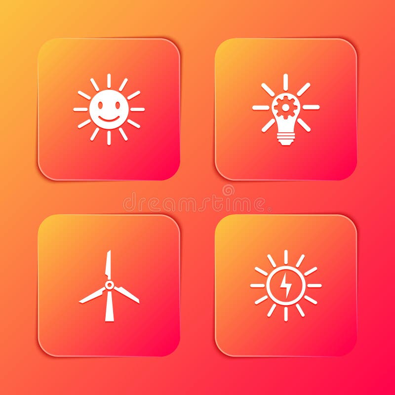 Set Cute Sun with Smile, Light Bulb Gear, Wind Turbine and Solar Energy ...
