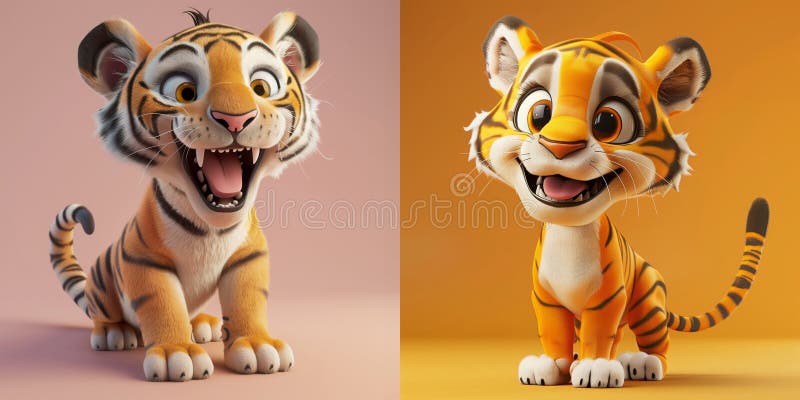 Set of Cute Tiger. 3D Cartoon Animation Style Stock Illustration ...