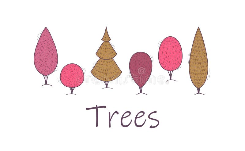 A Set of Cute Trees in Cartoon Style, Lineart. Stock Vector ...