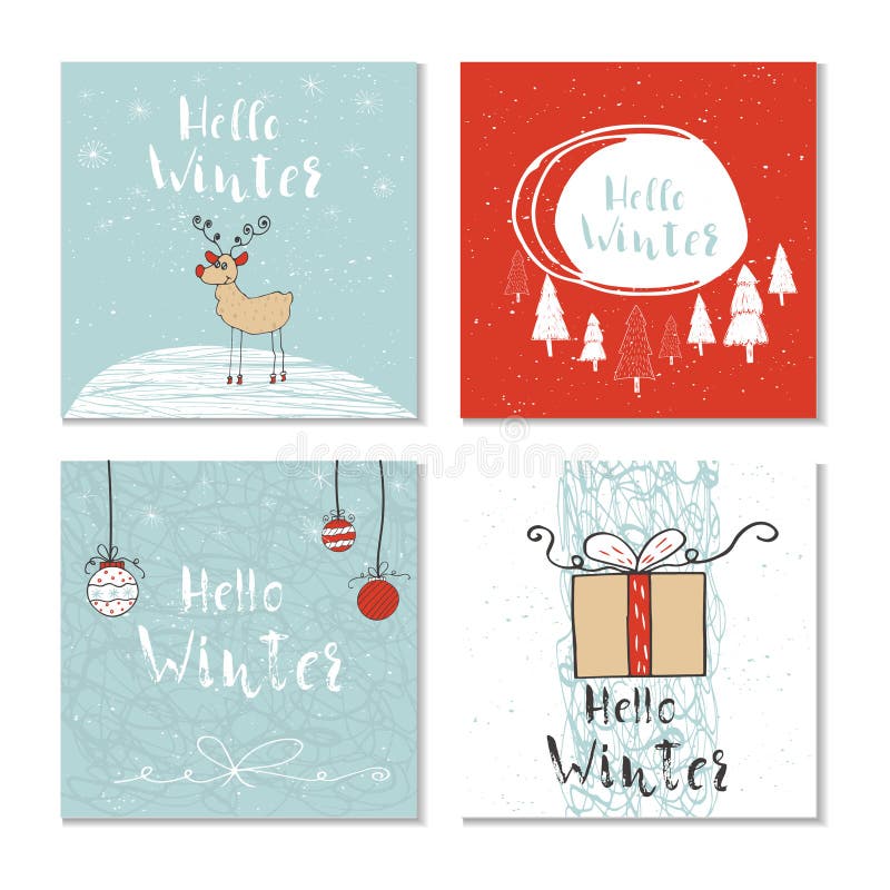 Set of 4 Cute Unique Cards with Quote Hello Winter. Stock Illustration ...