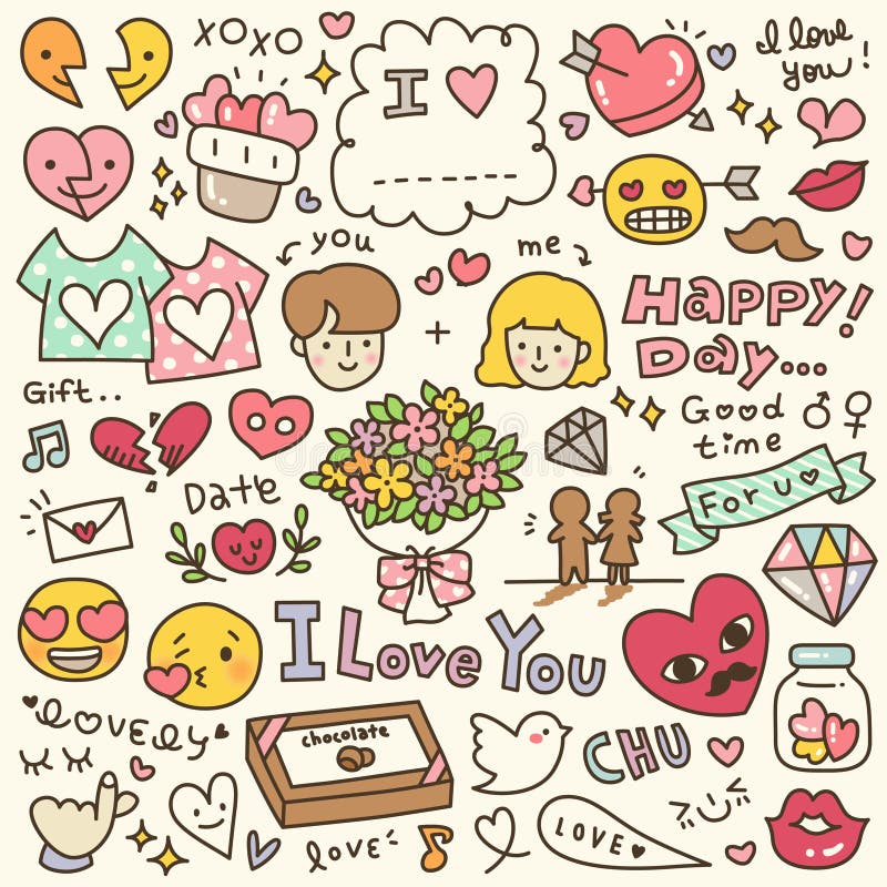 Set of Cute Valentine`s Day Doodle Vector Illustration Stock Vector ...