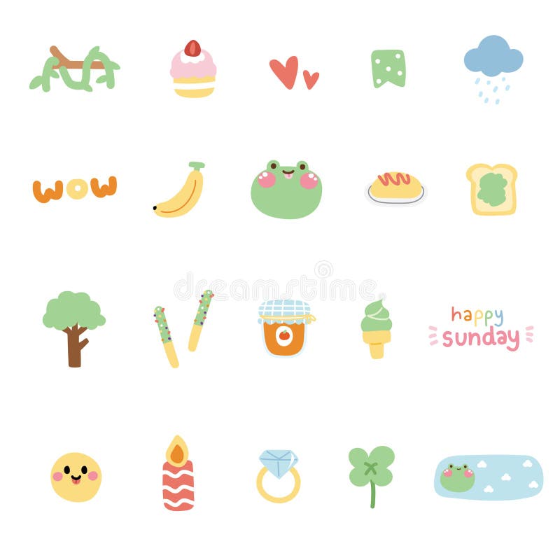 Set of Cute Various Tiny Icon with Frog Bear Face.Cartoon Hand Drawn ...