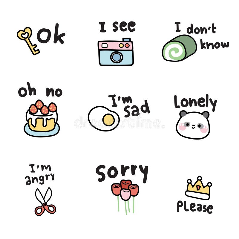 Set of Cute Various Tiny Icon with daily Word on White Background.Chat ...