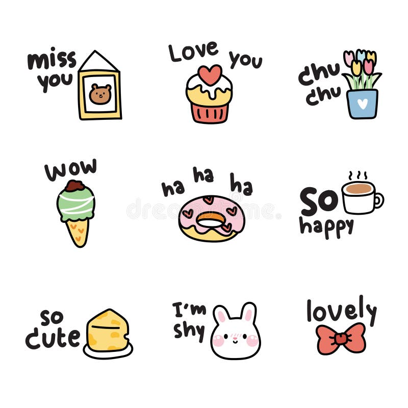 Set of Cute Various Tiny Icon with daily Word on White Background.Chat ...