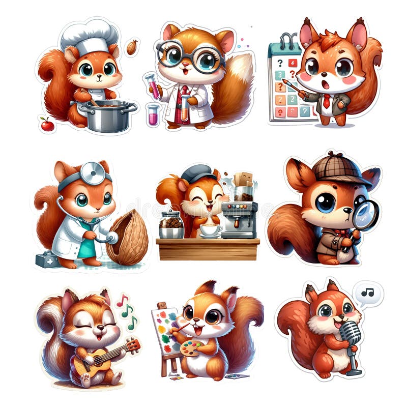 A Set of Cute Watercolor Stickers with a Squirrel in Different Roles ...