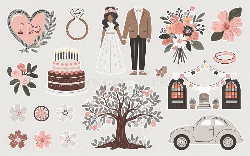 Set of Cute Wedding Elements for Decorating Posters, Sticker Style ...