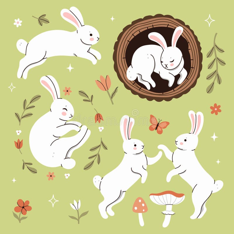 Set of Cute White Forest Rabbits. Vector Graphics Stock Vector ...
