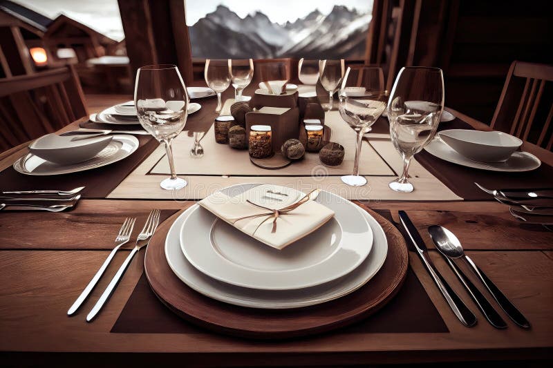 Set with Cutlery, Plates and Glasses Big Dining Table on Chalet Stock ...