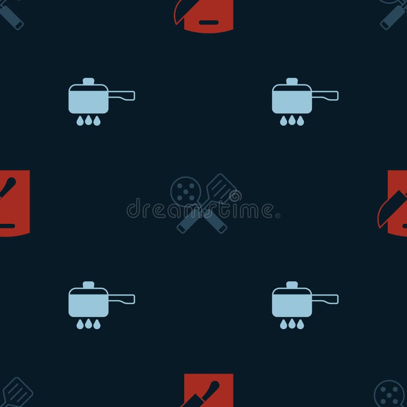 Set Cutting Board and Knife, Spatula and Cooking Pot on Fire on ...