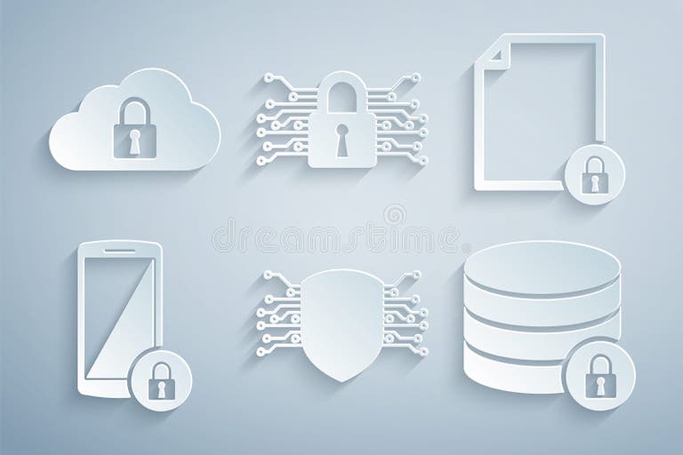 Set Cyber Security, Document and Lock, Smartphone with, Server, and ...