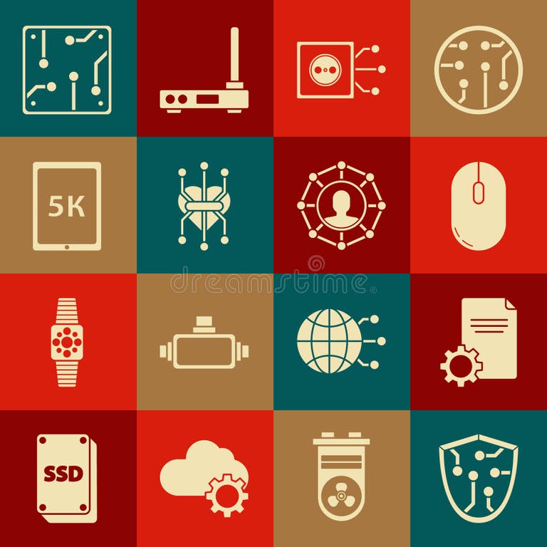 Set Cyber Security, File Document, Computer Mouse, Remote Control, Processor, Tablet with Text ...