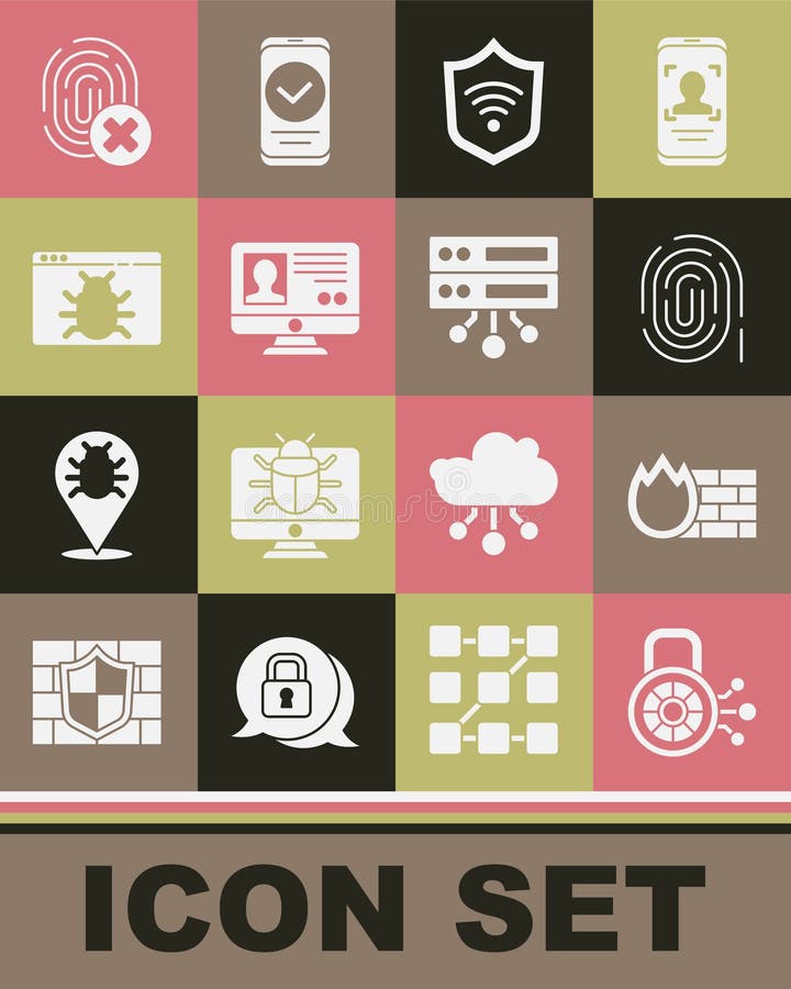 Set Cyber Security, Firewall, Wall, Fingerprint, Shield with WiFi ... Set Cyber Security, Firewall, Wall, Fingerprint, Shield with WiFi ...
