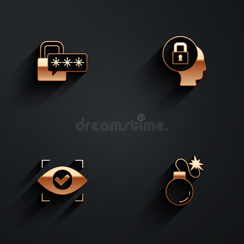 Set Cyber Security, Lock, Eye Scan and Bomb Icon with Long Shadow ...