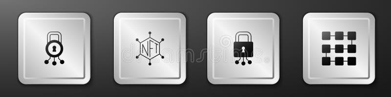 Set Cyber Security, NFT Blockchain Technology, and Icon. Silver Square ...