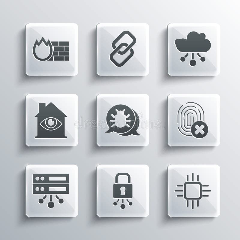 Set Fingerprint, System Bug, Eye Scan, Credit Card with Lock, Firewall, Security Wall and on ...