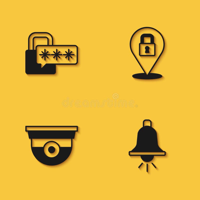 Set Cyber Security, Ringing Alarm Bell, Security Camera and Lock Icon ...