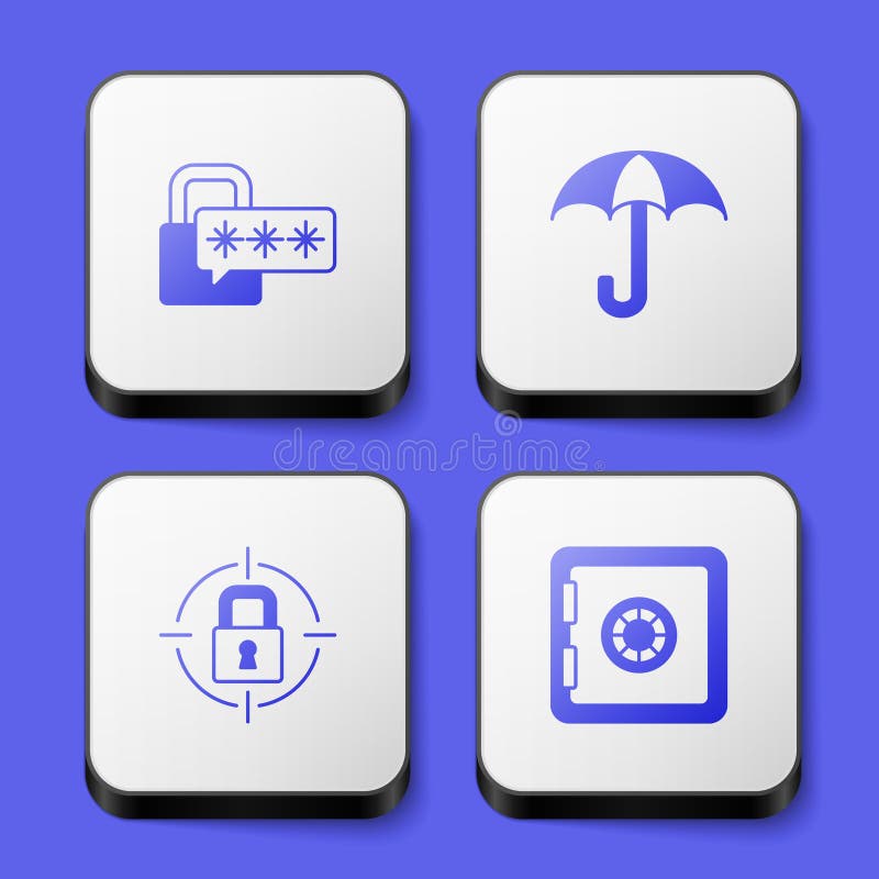 Set Cyber Security, Umbrella, Lock and Safe Icon. White Square Button ...