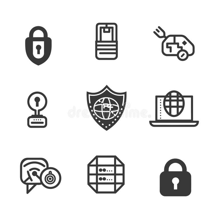 Set of Nine Cyber Security Icons Global Network Protection, Data Security, and Internet Safety ...