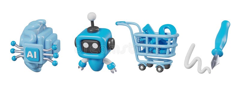 Set of 3D Artificial Intelligence Icons. Mini Bot, Brain with Processor ...