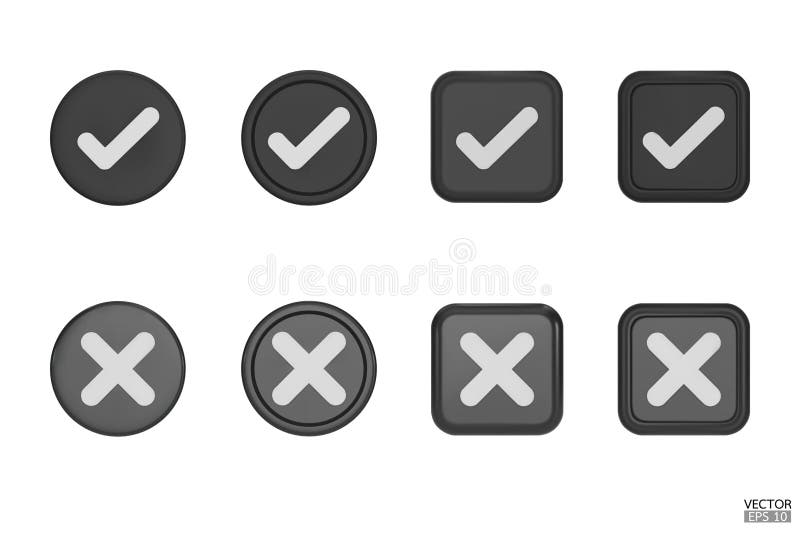 Set of 3D Black Checkmark and X Mark Icon Set. Checkmark Right Symbol ...