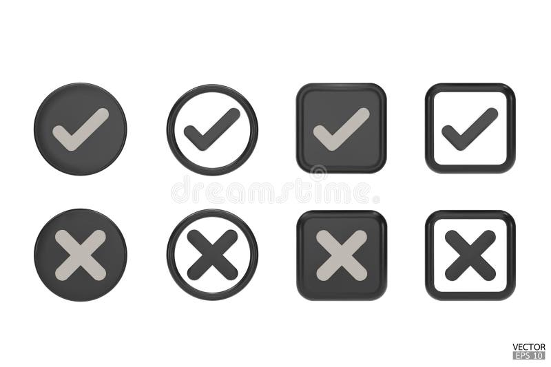 Set of 3D Black Checkmark and X Mark Icon Set. Checkmark Right Symbol ...