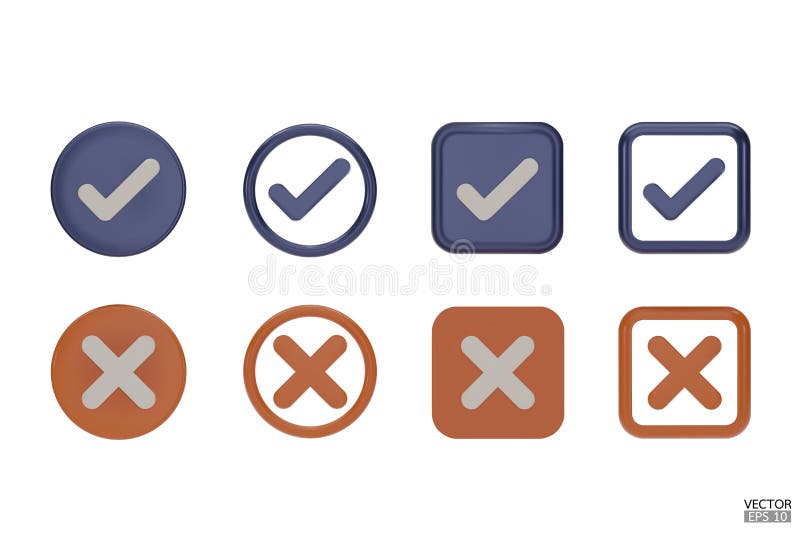 Set of 3D Checkmark and X Mark Icon Set. Blue and Orange Checkmark ...
