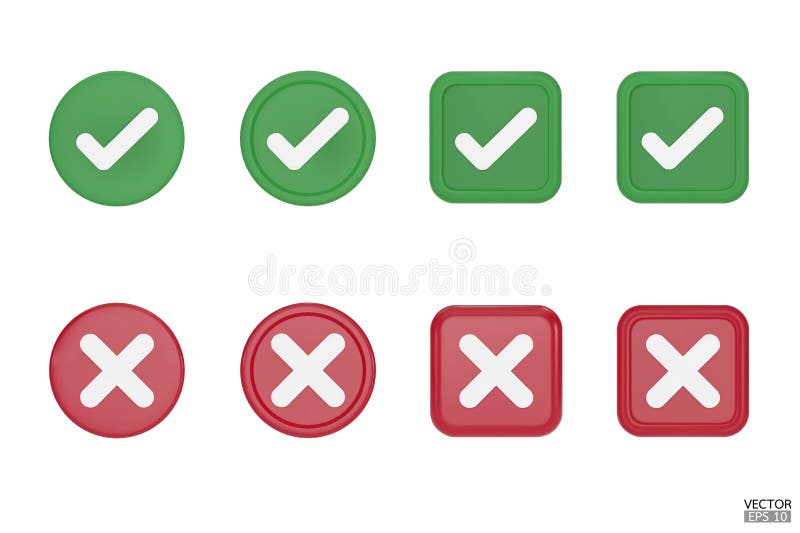 Set of 3D Checkmark and X Mark Icon Set. Checkmark Right Symbol, Tick ...