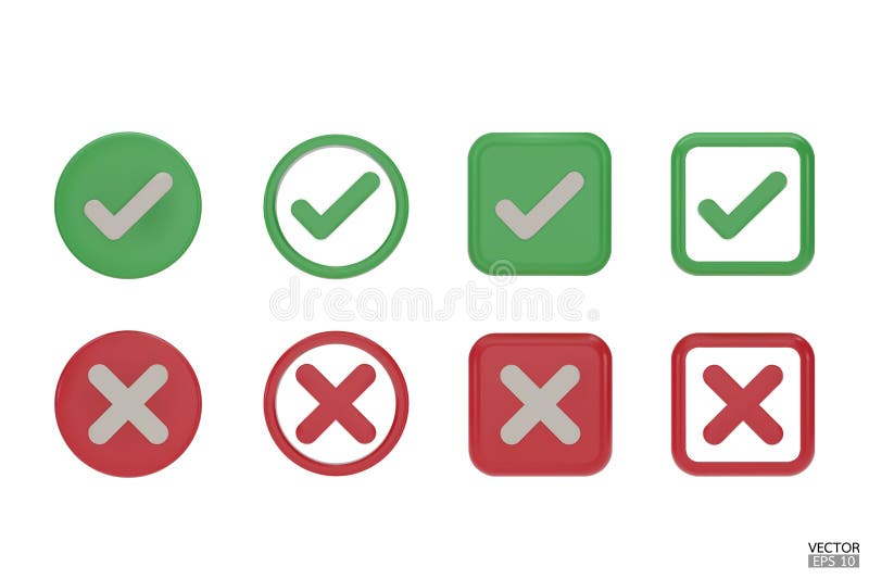 Set of 3D Checkmark and X Mark Icon Set. Checkmark Right Symbol, Tick ...
