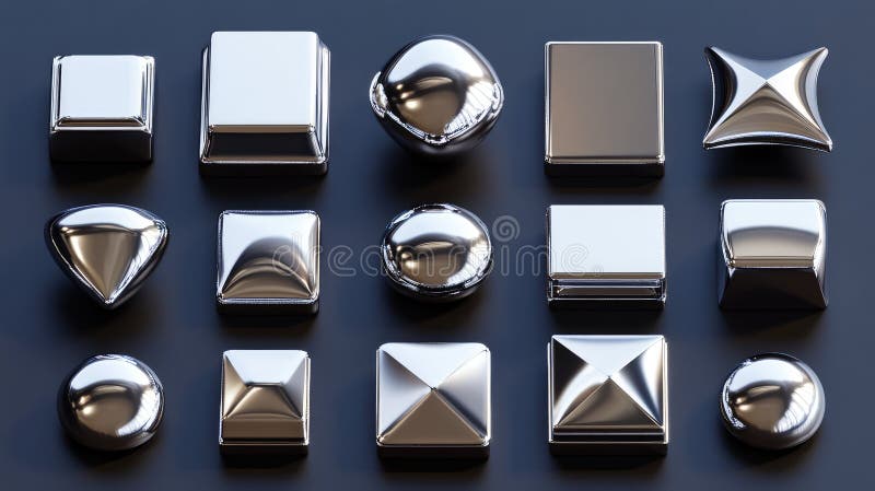 Set of 3D Chrome Icons Featuring Various Elements with a Metallic ...