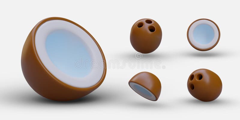 Set of 3D Coconuts in Cartoon Style. Whole and Half Ripe Coconuts Stock ... Set of 3D Coconuts in Cartoon Style. Whole and Half Ripe Coconuts Stock ...