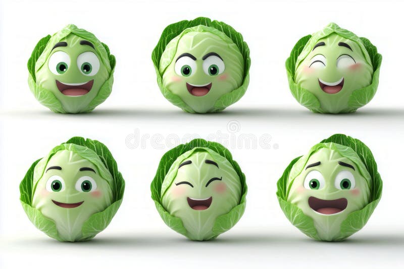 A Set of 6 3D Cute Cabbage Characters with Smiling Faces, Each ...
