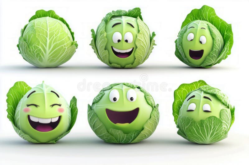 A Set of 6 3D Cute Cabbage Characters with Smiling Faces, Each ...