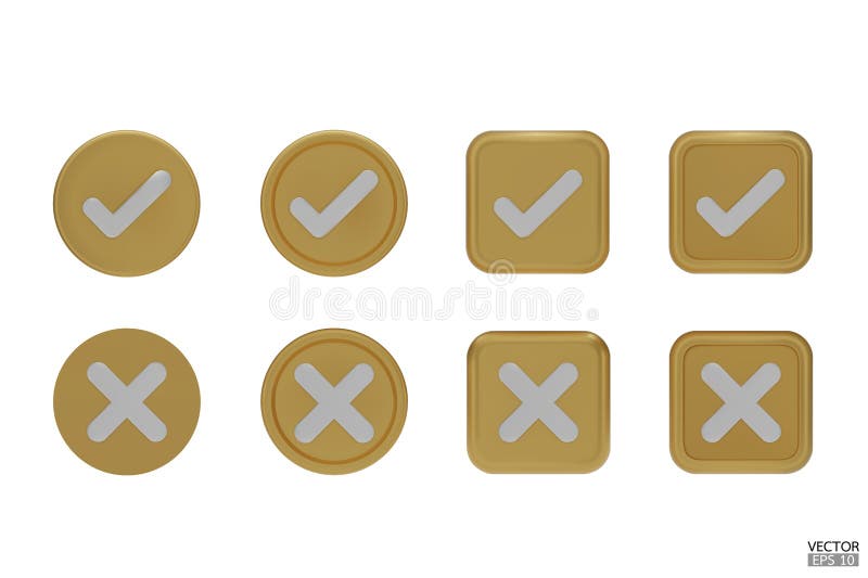 Set of 3D Gold Checkmark and X Mark Icon Set. Checkmark Right Symbol ...