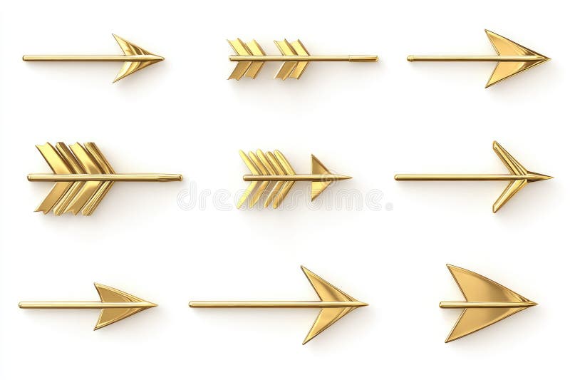 Set of 3D Golden Arrow Symbols in Various Designs – Ideal for Graphics ...