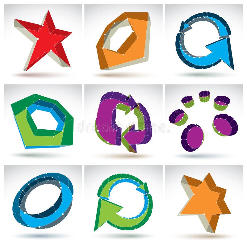 Set of 3d Mesh Colorful Abstract Objects on White Backg Stock Vector ...