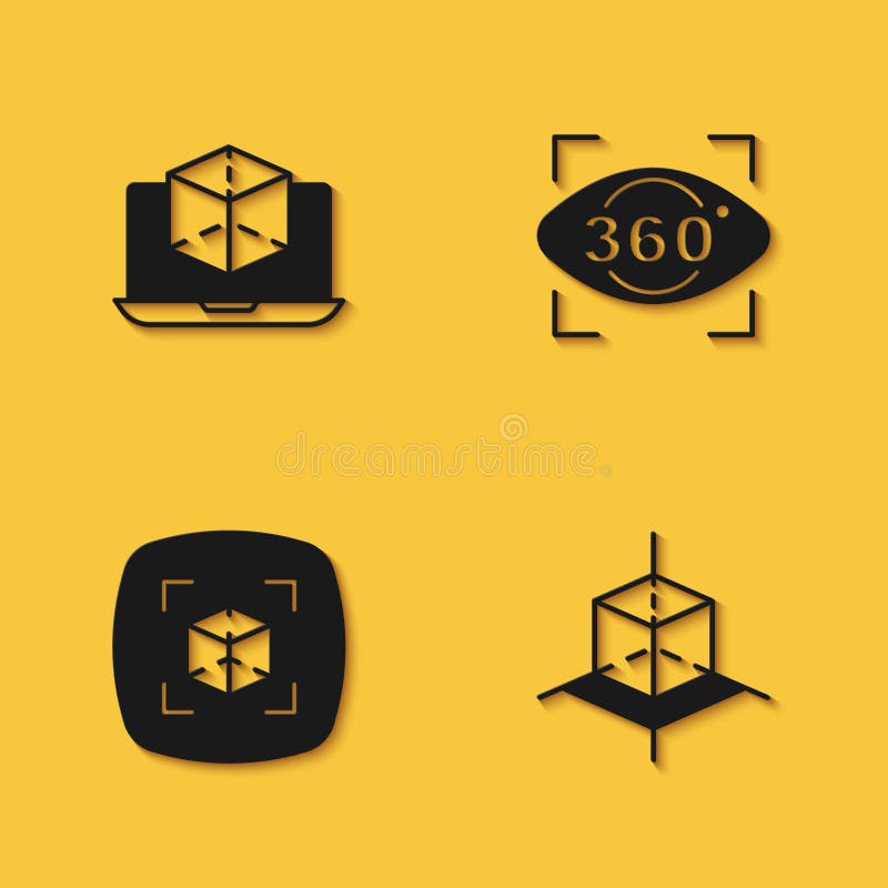 Set 3d Modeling, and 360 Degree View Icon with Long Shadow. Vector ...