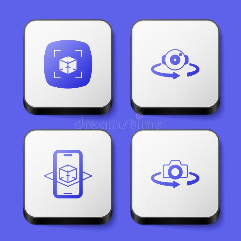 Set 3d Modeling, 360 Degree View, and Icon. White Square Button. Vector ...